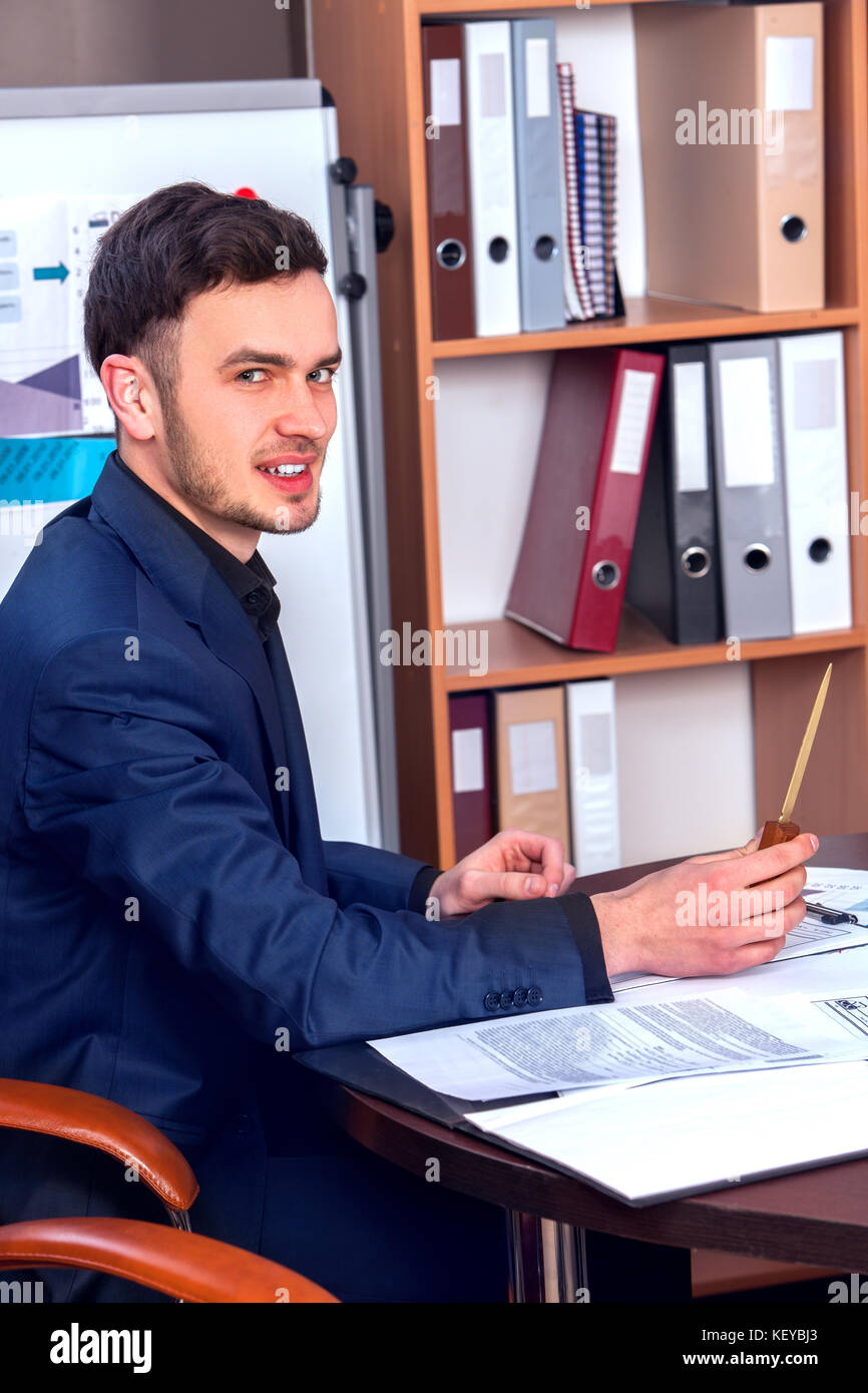 Happy business men boss at business office Stock Photo - Alamy