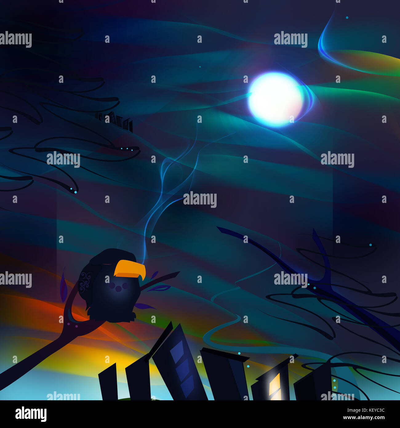 Alone Crow on Tree Branch at Cold Night, Wintry Village Scene Stock ...