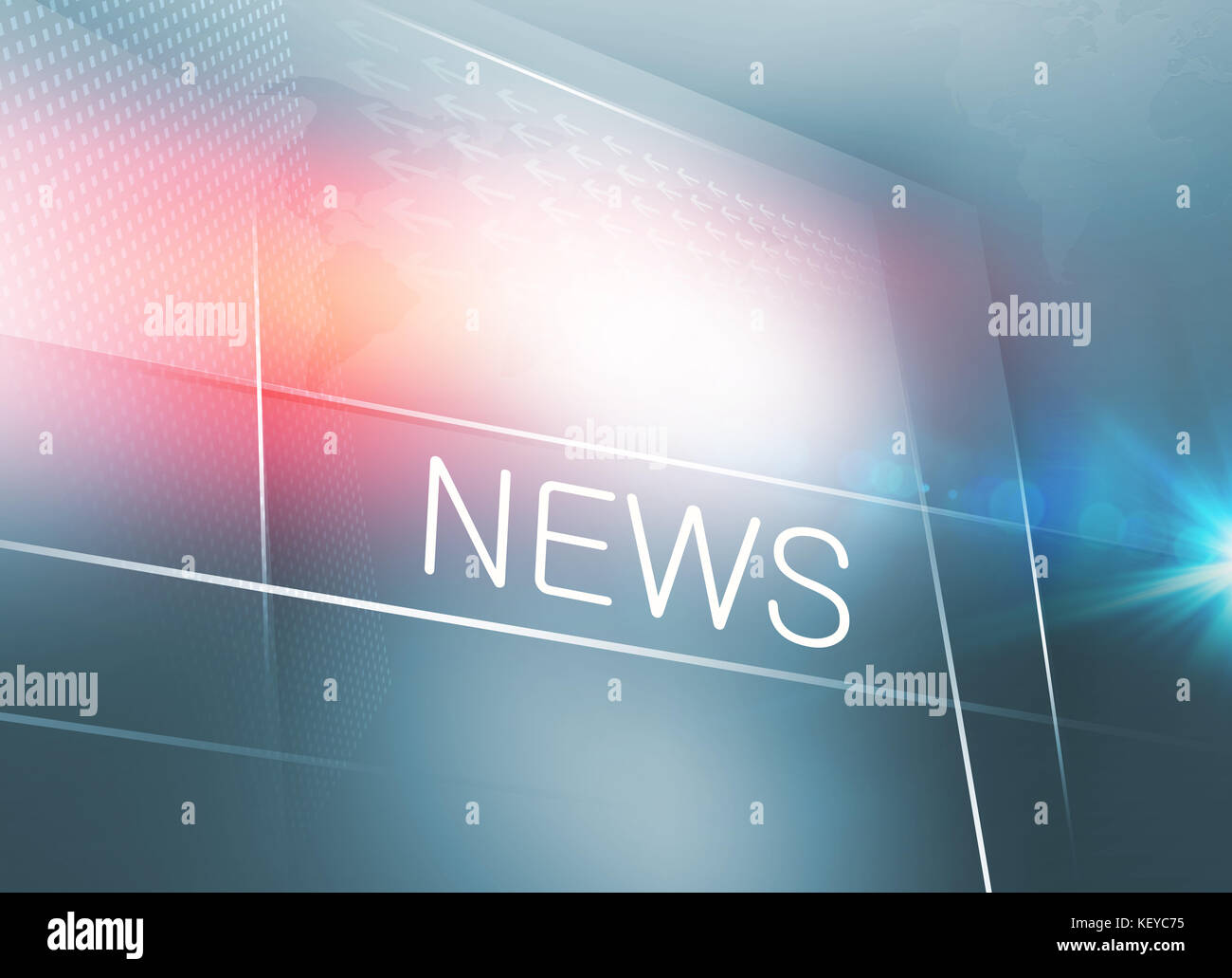 Big flat TV Screen with news text, with lens flare at right edge. 3d ...
