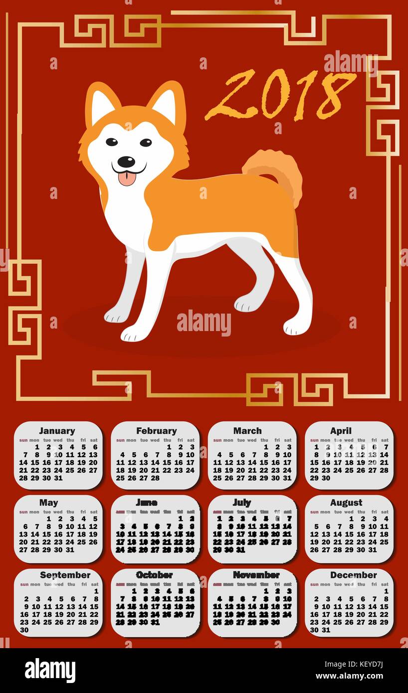 Calendar 2018 in the asia style with dog and Chinese frame. Week starts ...