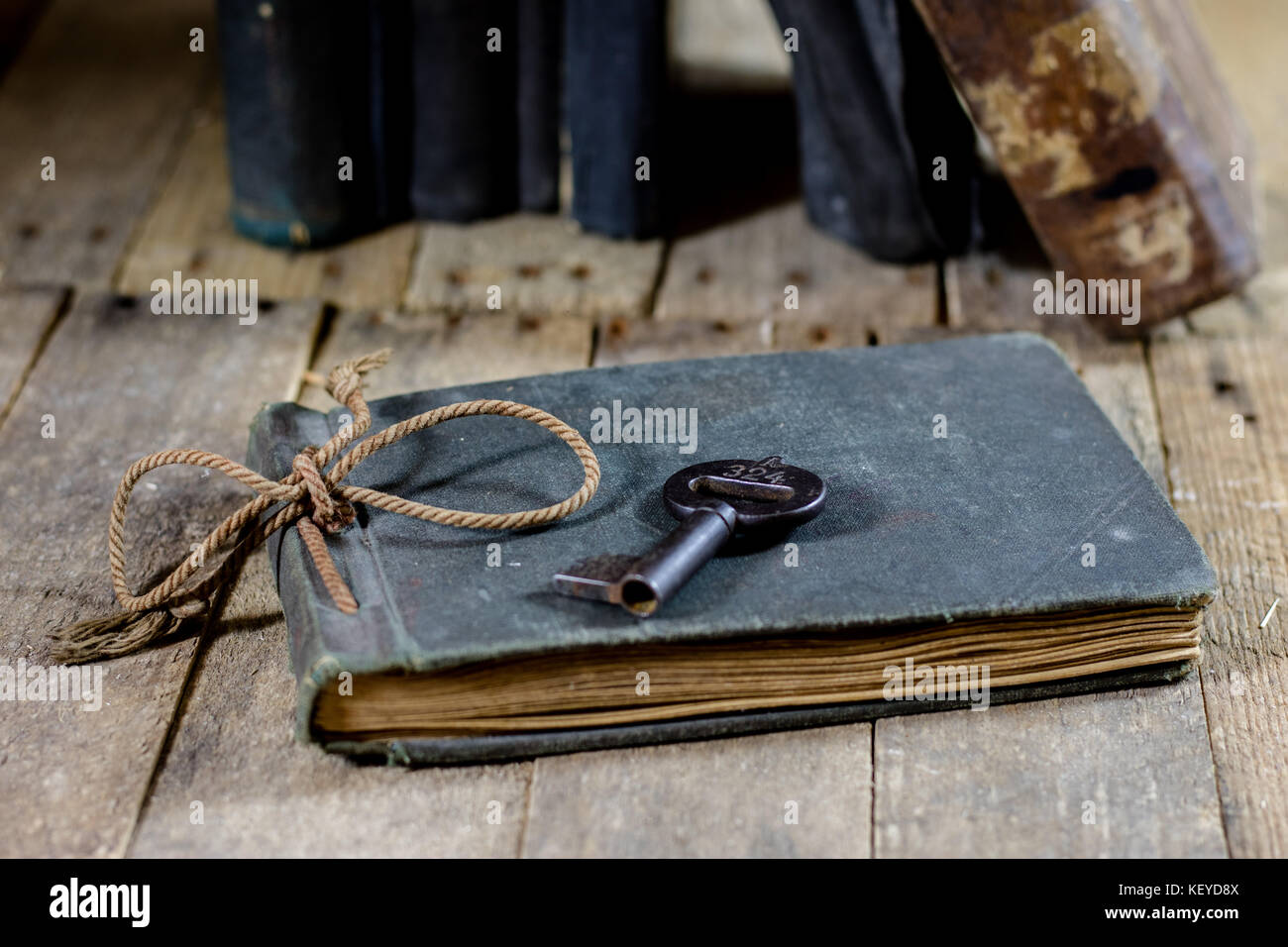 Very old book and key on an old wooden table. Old room, wooden table ...