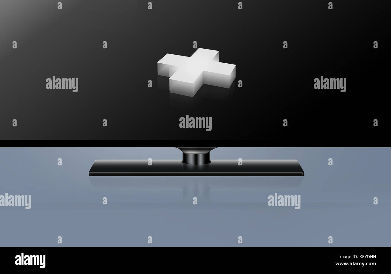 3D plus sign inside modern wide screen TV background.Clipping path ...