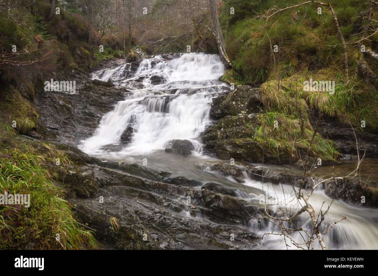 Upper Plodda Falls waterfall, Tomich, near Glen Affric, in the Scottish ...