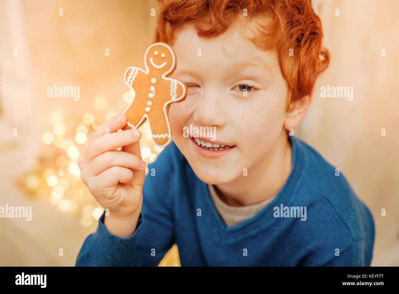 Charming little boy joking and hiding behind gingerbread man Stock ...