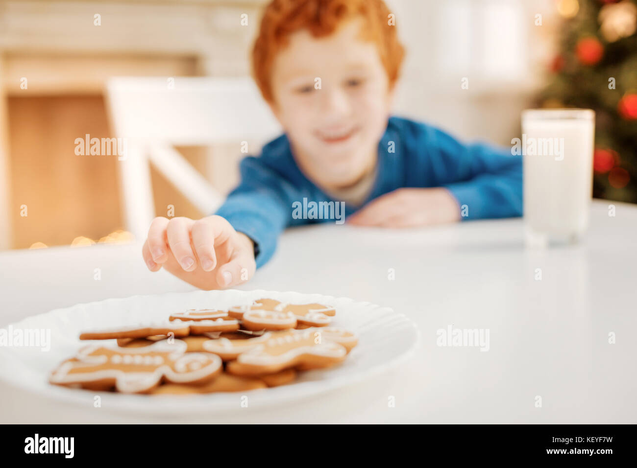 Smiling ginger kid reaching for home baked gingerbread man Stock Photo ...