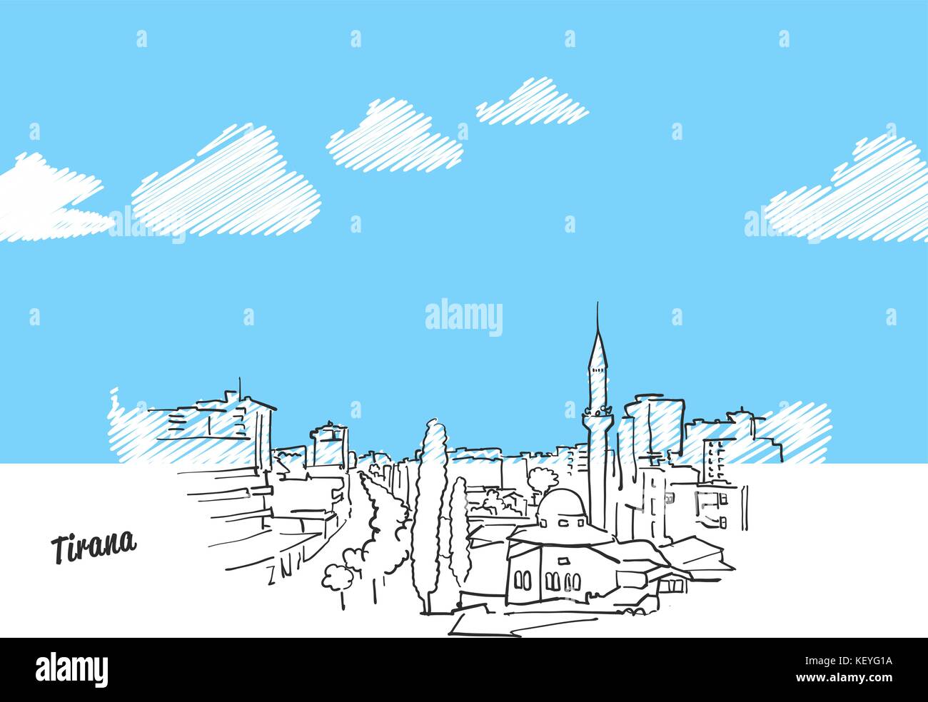 Tirana, Albania Famous Skyline Sketch. Lineart drawing by hand ...