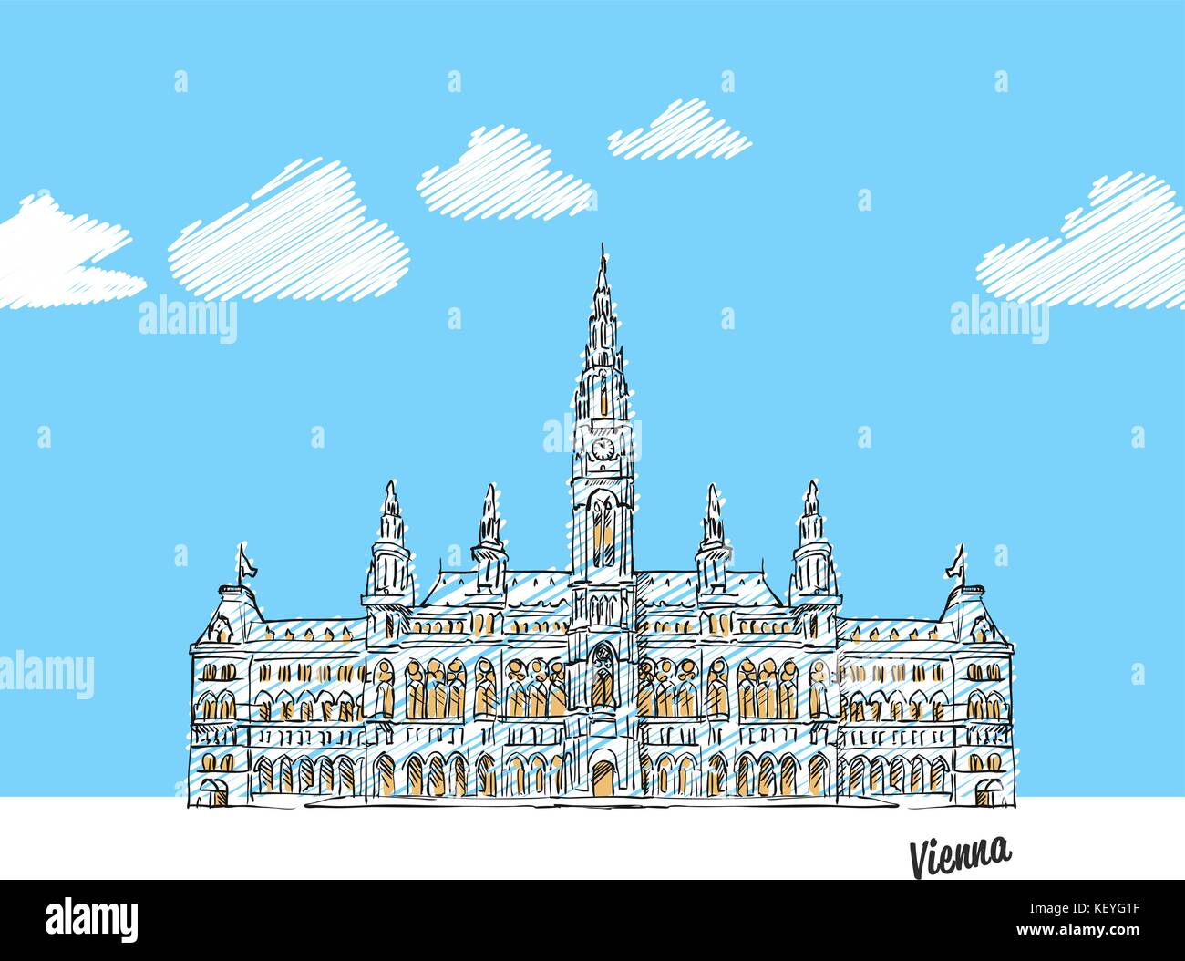 Vienna, Austria famous landmark sketch. Lineart drawing by hand ...