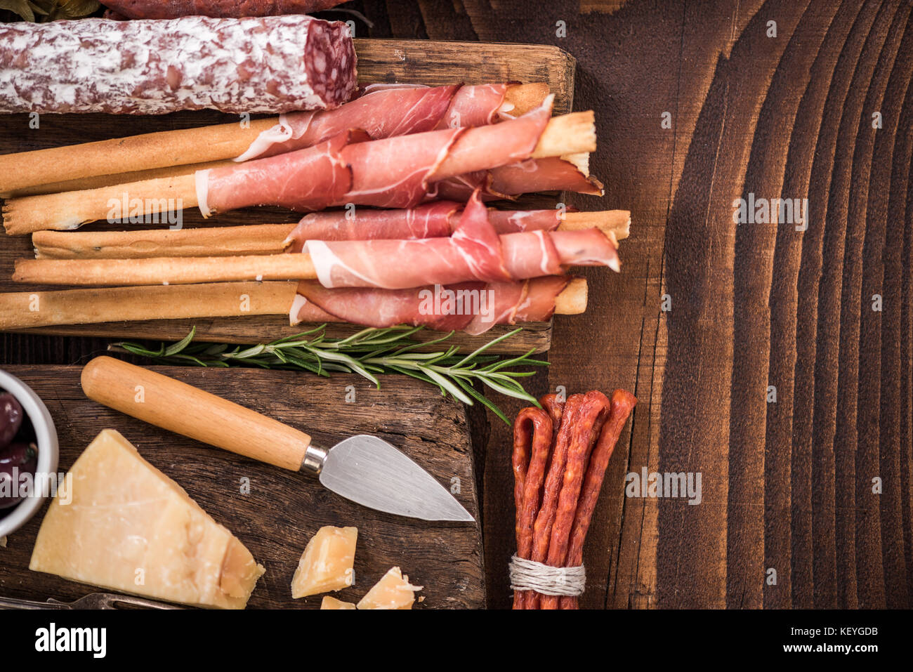 Spanish tapas bar food border background on wooden rustic table Stock ...