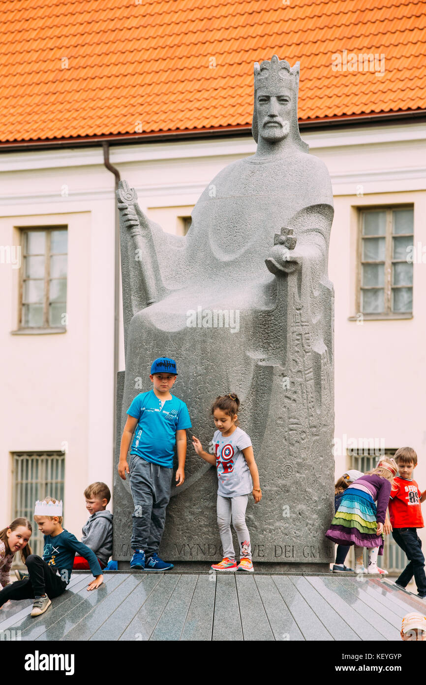 Vilnius, Lithuania. Children Walking Near Monument To King Mindaugas ...