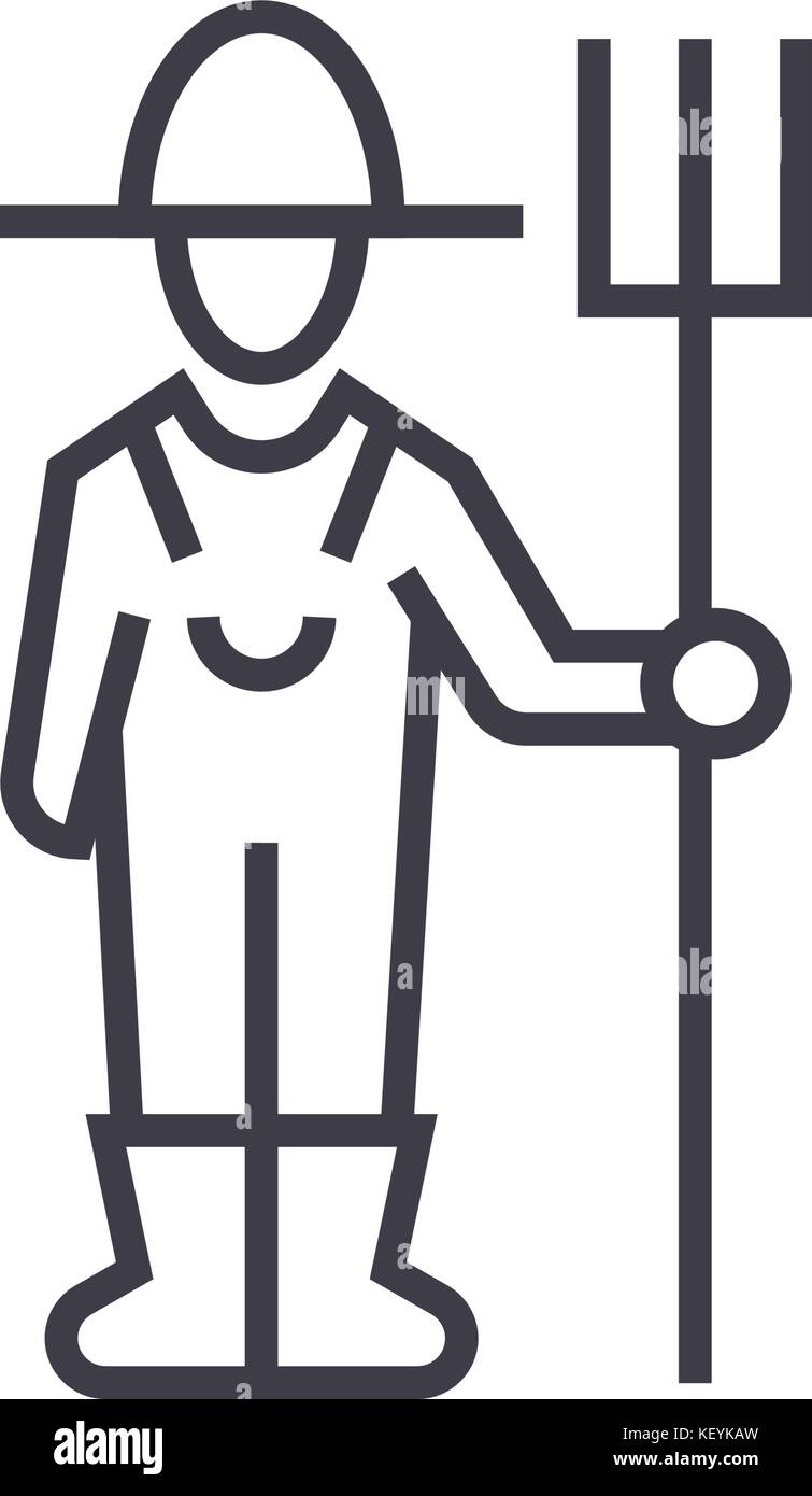 male farmer with hayfork linear icon, sign, symbol, vector on isolated ...
