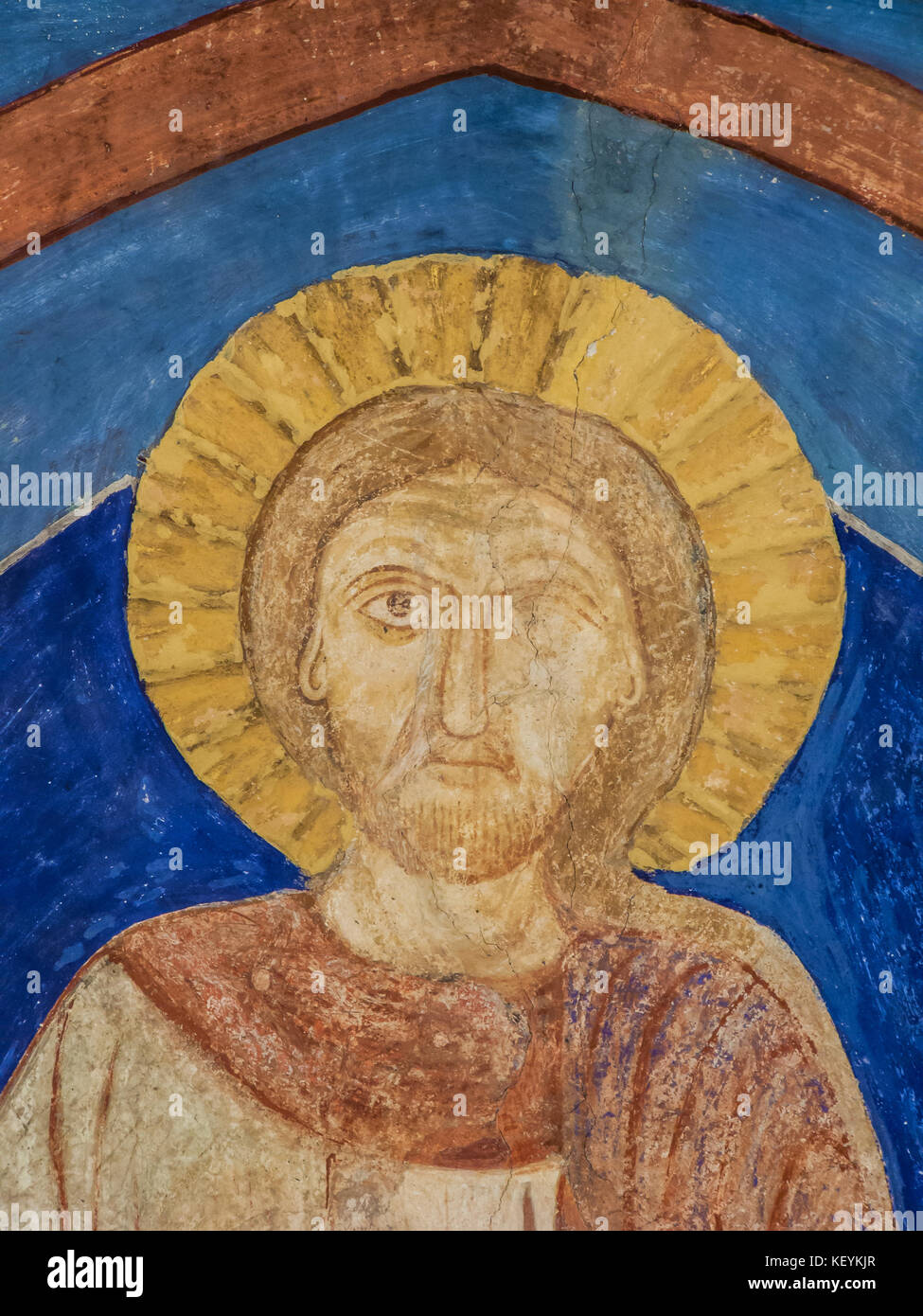 Ancient mural of Jesus Christ, a romanesque wall-painting in Bjaresjo ...