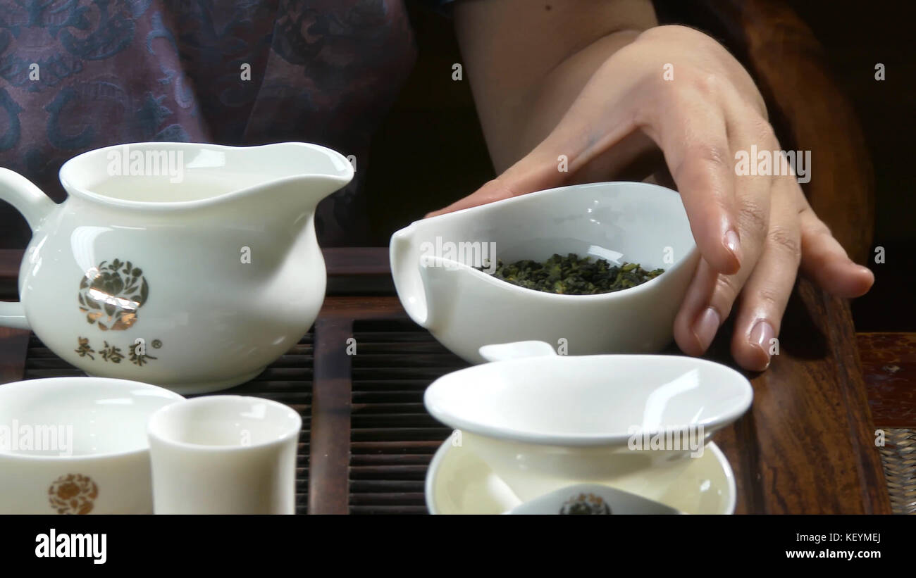 Close-up table for the tea ceremony utensils and bamboo. Chinese tea ...