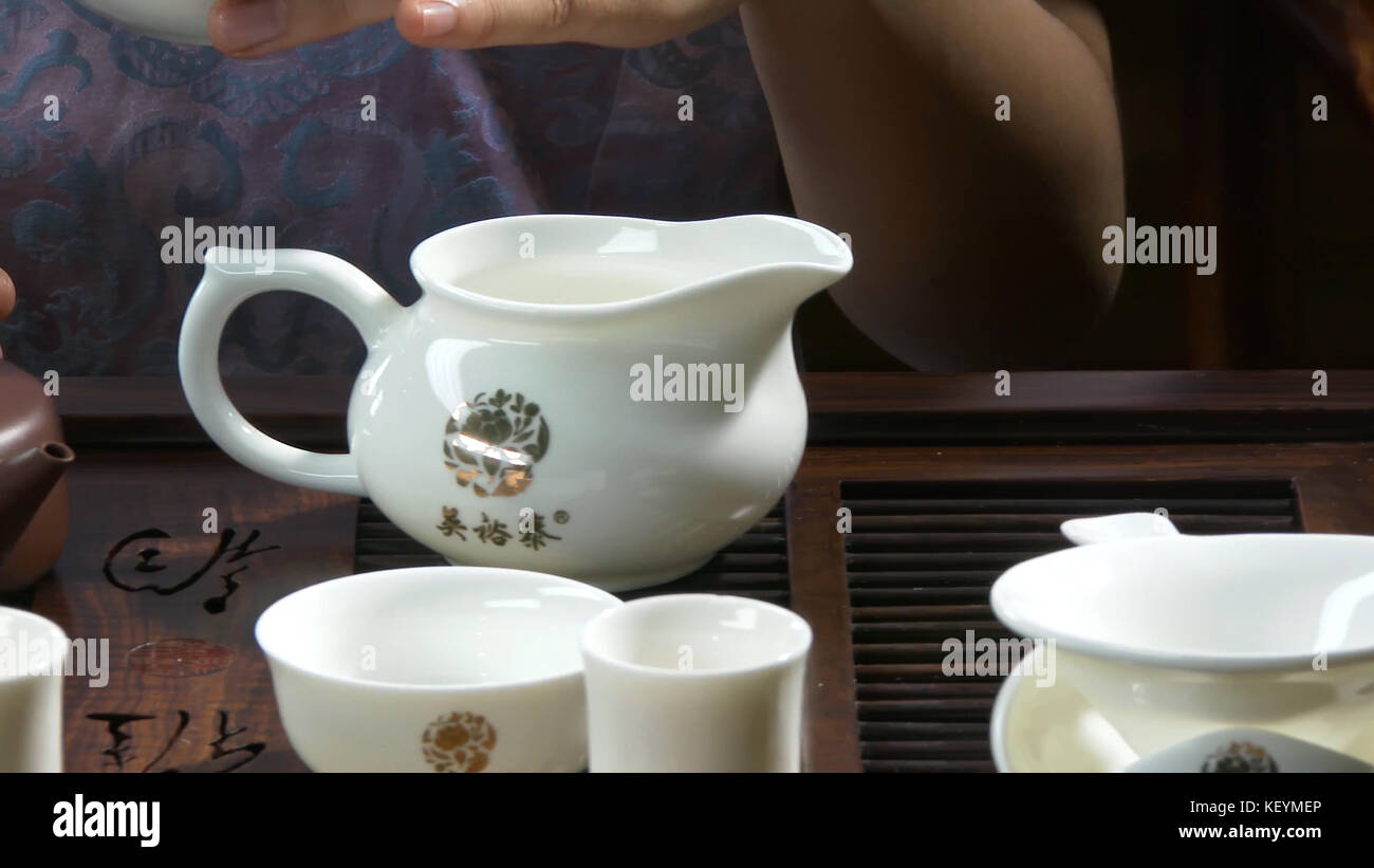 Close-up table for the tea ceremony utensils and bamboo. Chinese tea ...