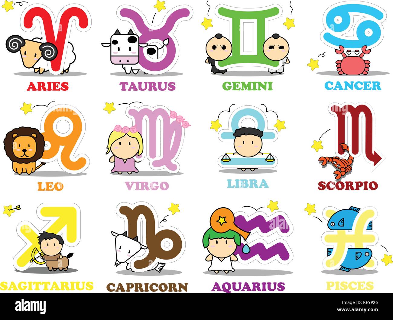 Twelve Cute cartoon with Big Zodiac sign icon symbol vector isolated on ...
