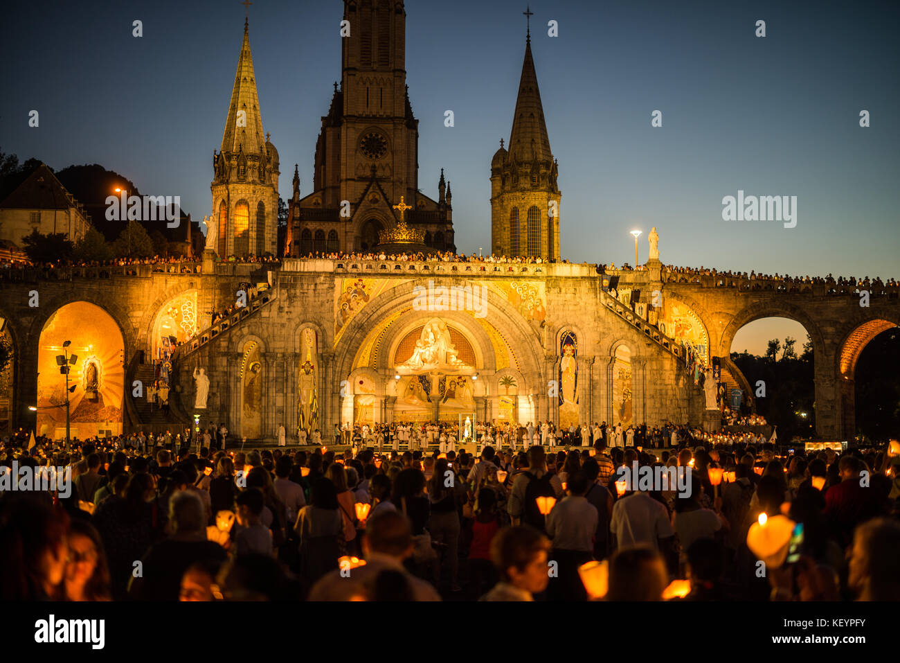 Pilgrims procession to Mass, Lourdes, Pyrenees, France, Europe Stock ...