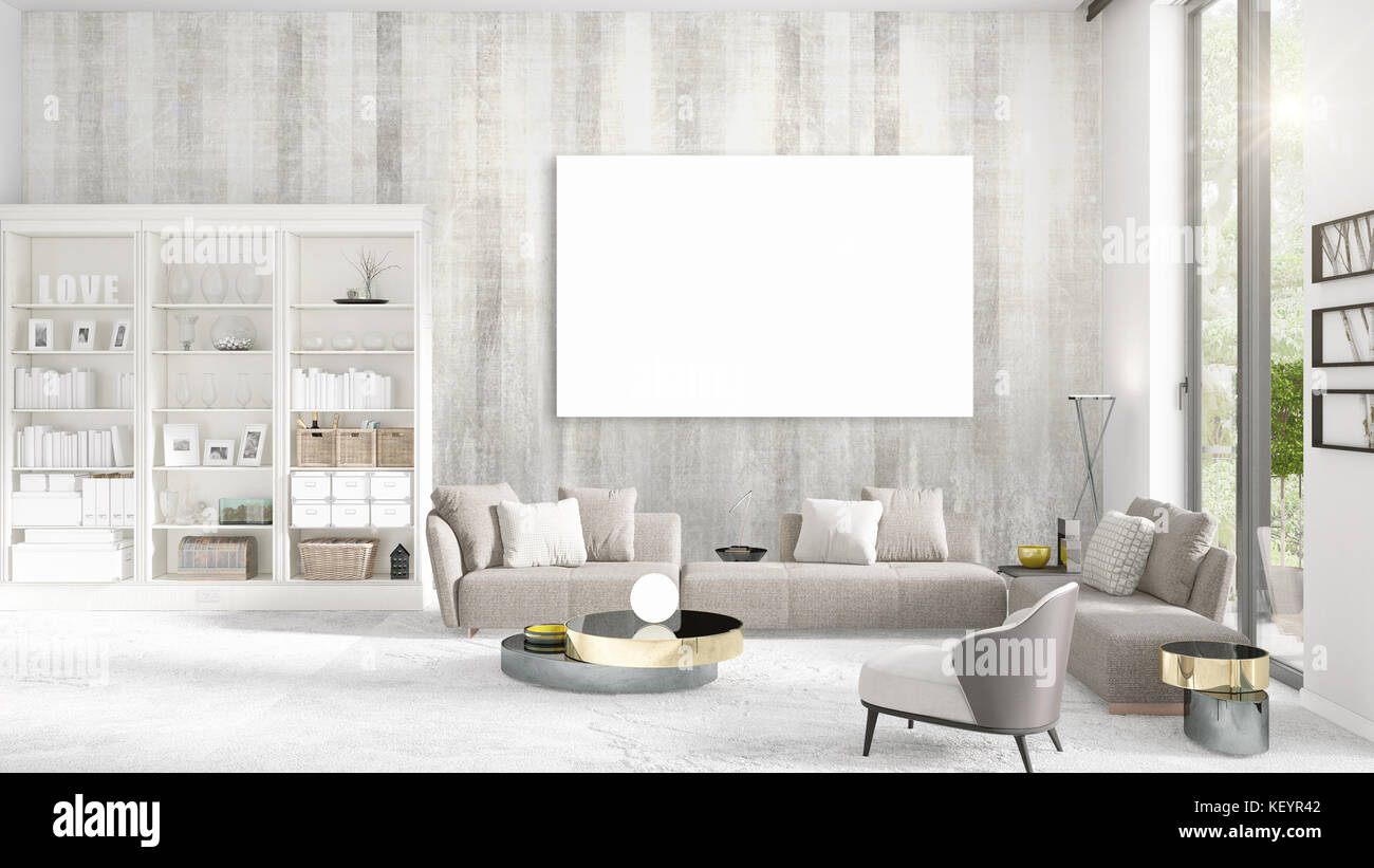 Fashionable modern loft interior in vogue with empty frame and ...