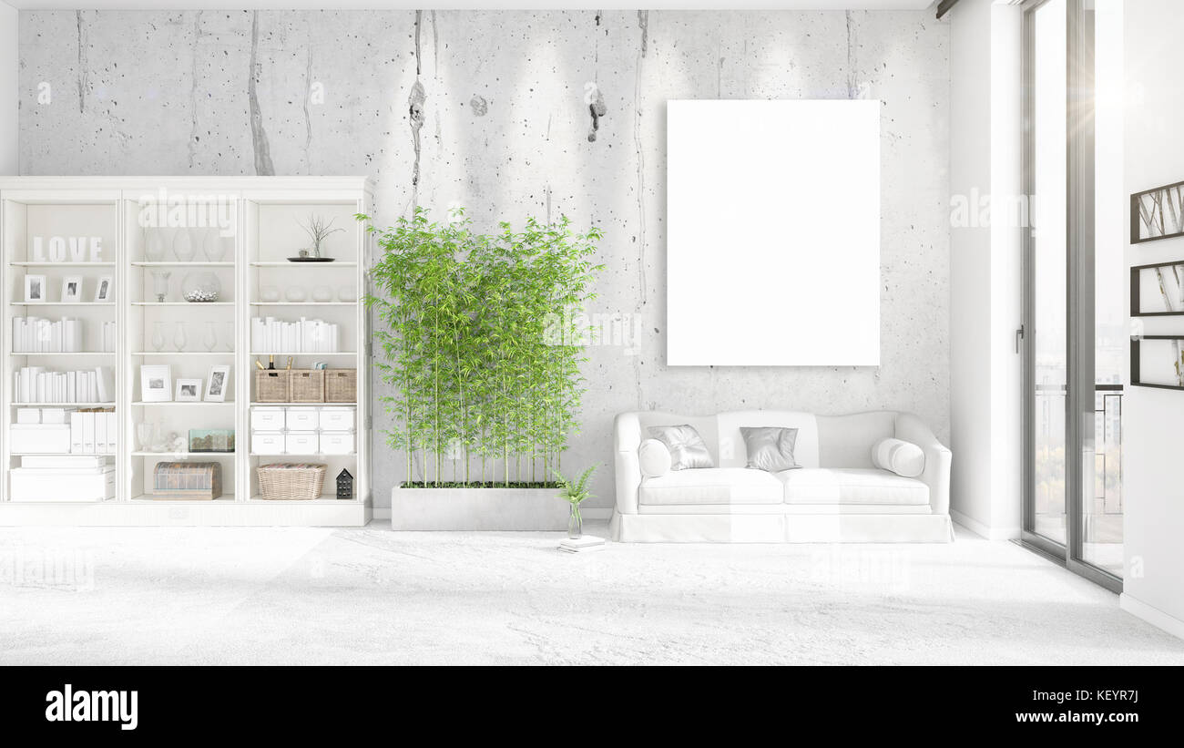 Fashionable modern loft interior in vogue with empty frame and ...
