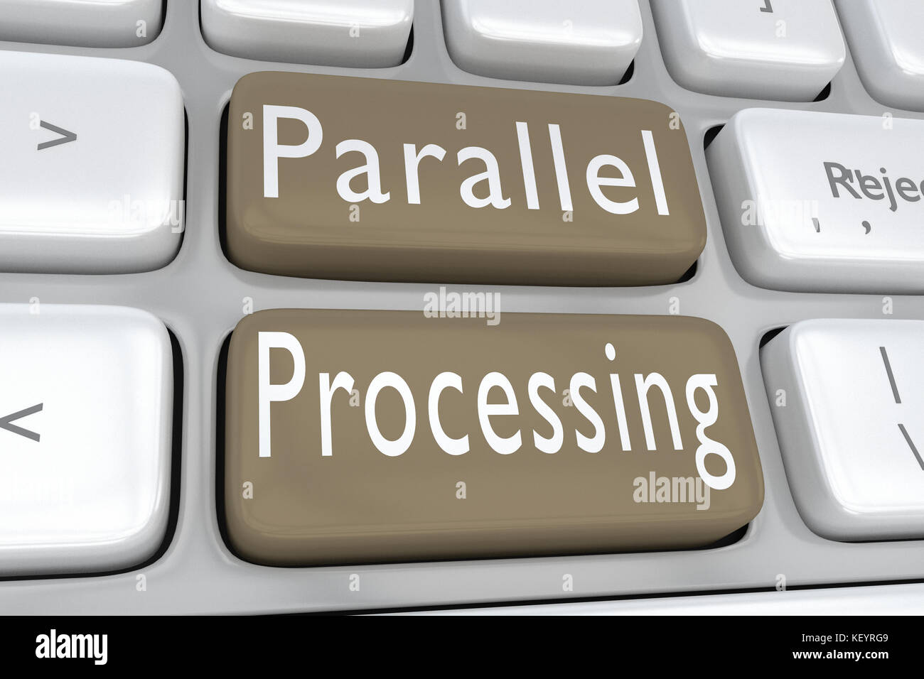 3D illustration of computer keyboard with the script "Parallel Processing" on two adjacent ...