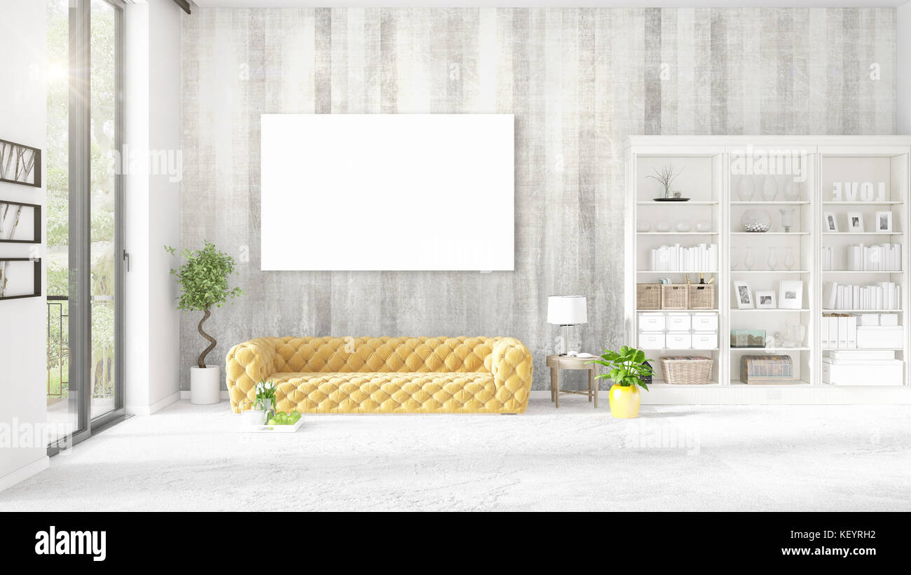 Fashionable modern loft interior in vogue with empty frame and ...