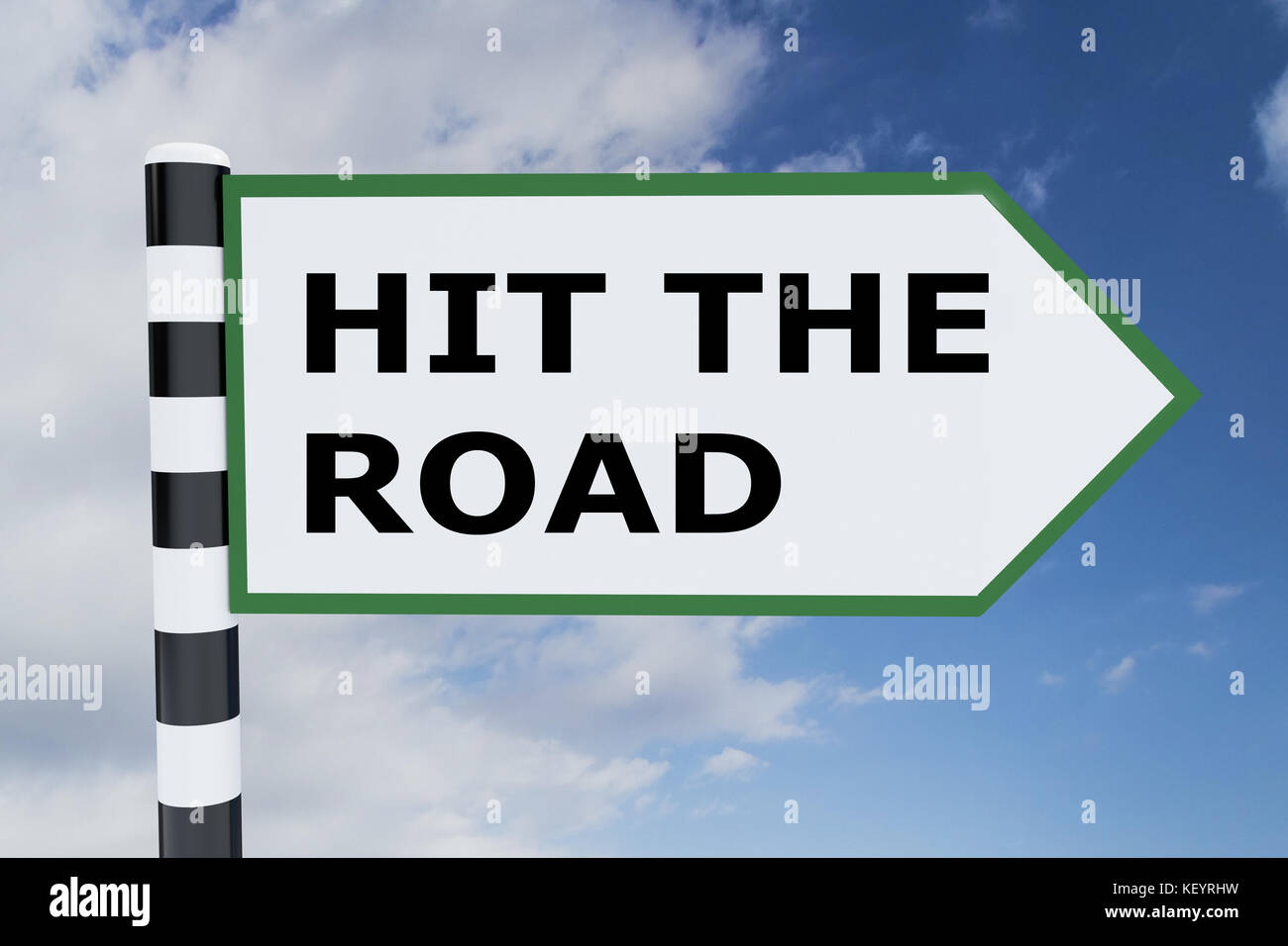 3D illustration of "HIT THE ROAD" script on road sign Stock Photo - Alamy