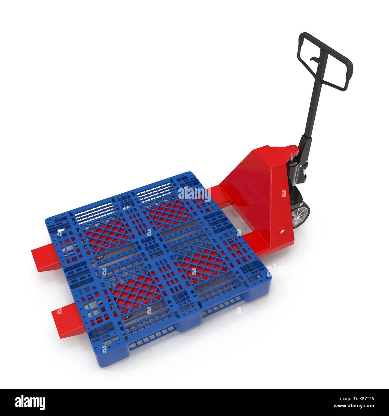 Red pallet jack with a blue plastic pallet isolated on white 3D ...