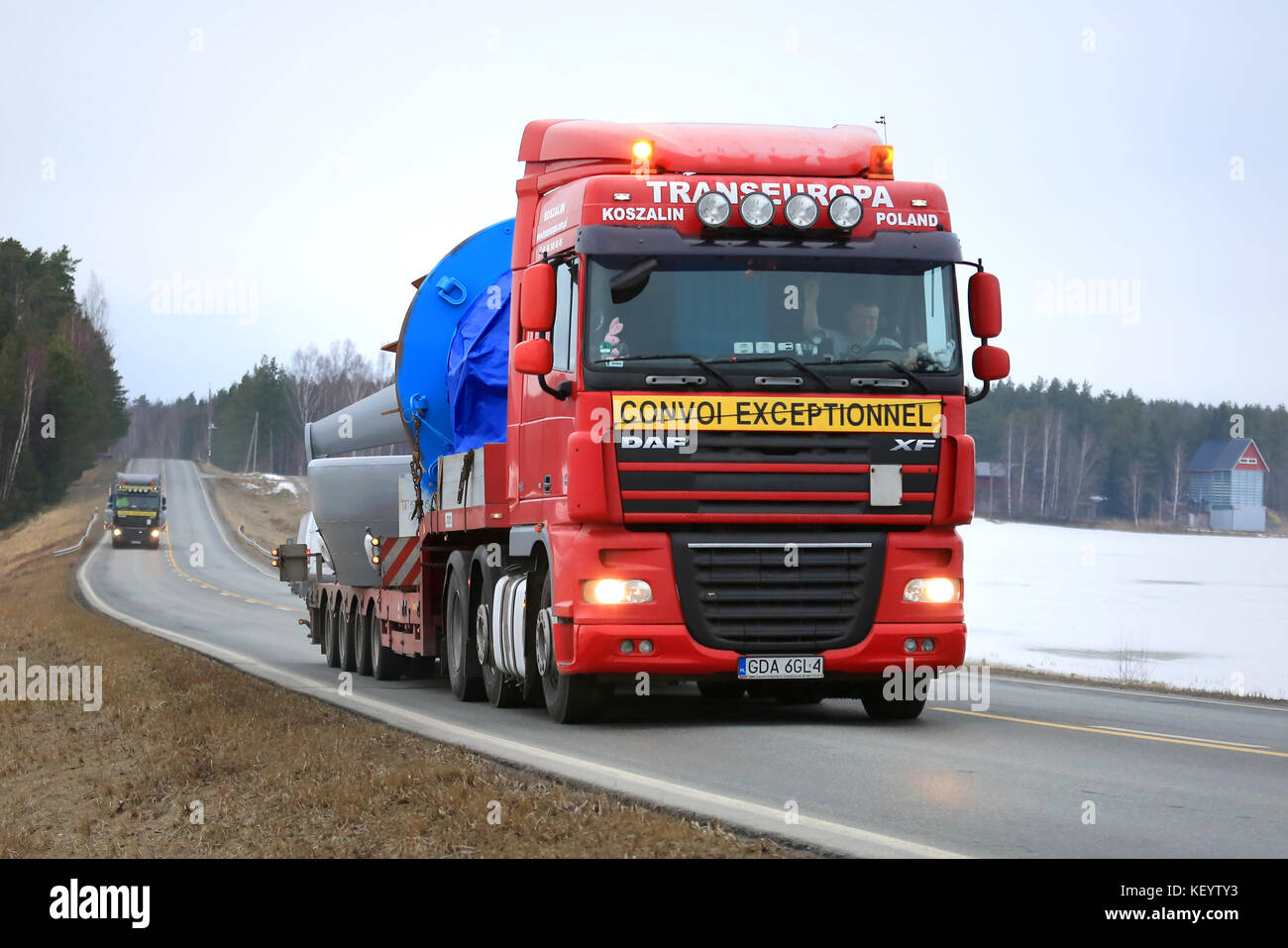 SALO, FINLAND - MARCH 11, 2016: Red DAF XF 105 semi truck hauls ...