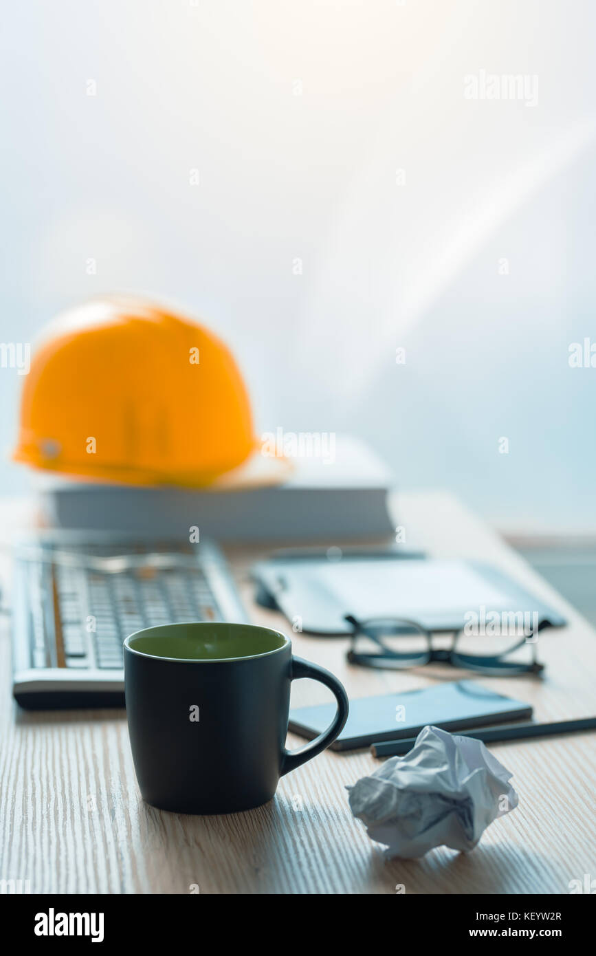 Architecture project failure, crumpled blueprint sketch paper on office ...