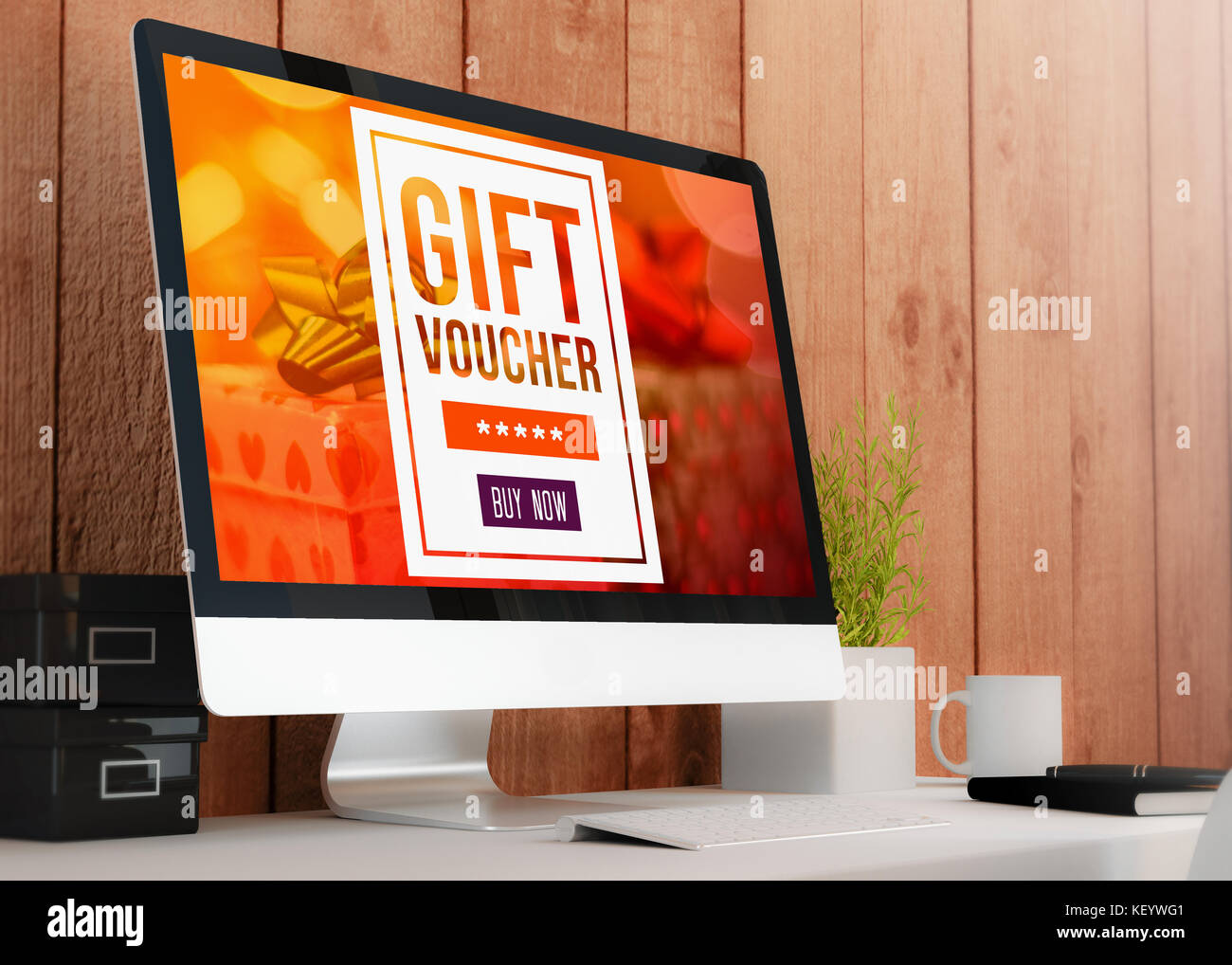 modern wooden workspace with computer gift voucher. All screen graphics ...