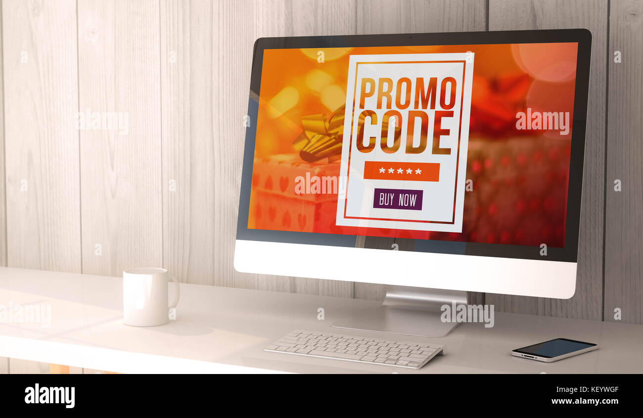 3d rendering workspace with promo code on the screen of computer and ...