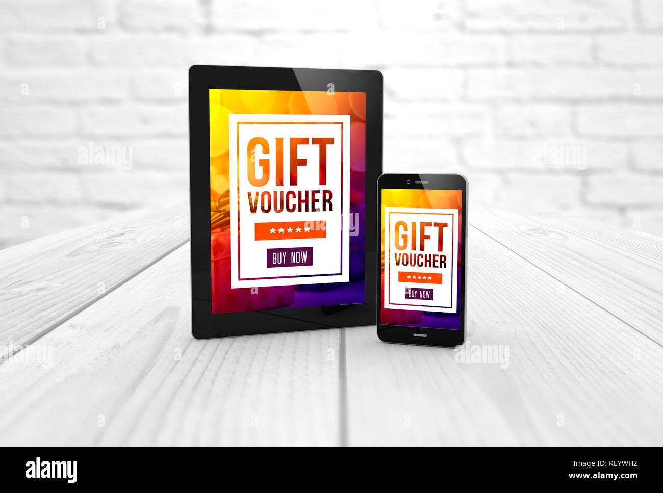 digital generated tablet and smartphone with gift voucher on screen ...