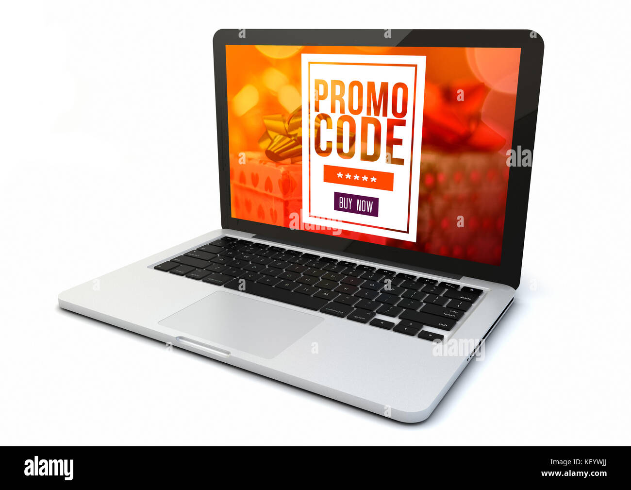 render of a 3d generated computer with promo code on the screen. Screen ...