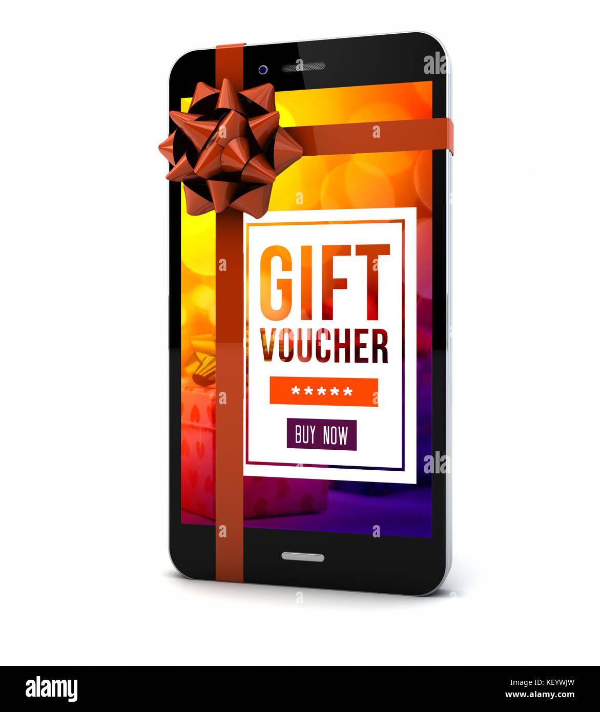 smartphone with a bow showing gift voucher on screen. 3d rendering ...