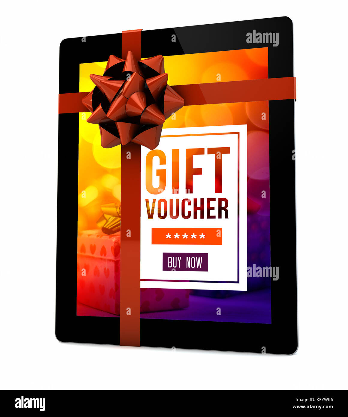 render of a tablet with a ribbon showing gift voucher on screen 3d ...