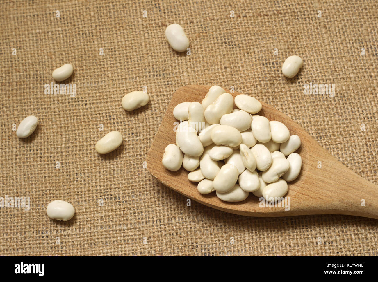 Wooden spoon with white beans Stock Photo - Alamy