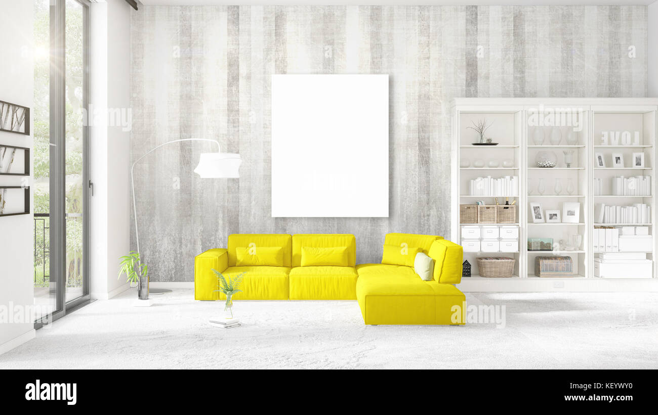 Modern interior in vogue with yellow couch, vertical empty frame and ...