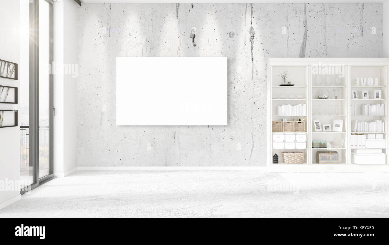 Fashionable modern empty clean room interior with empty frame and ...