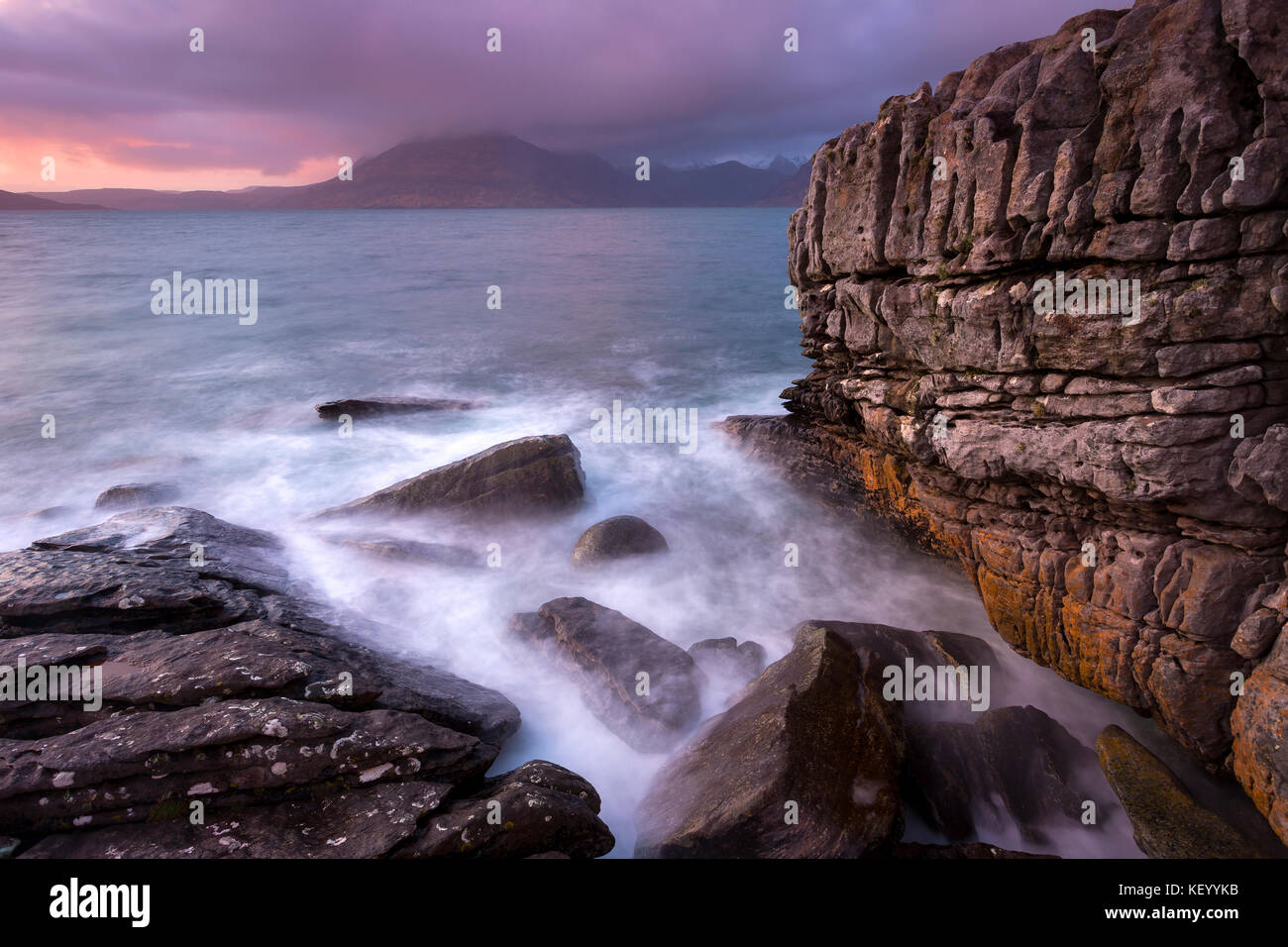 Sunset on the Isle Of Skye looking out over Loch Scavaig to the Cullin ...
