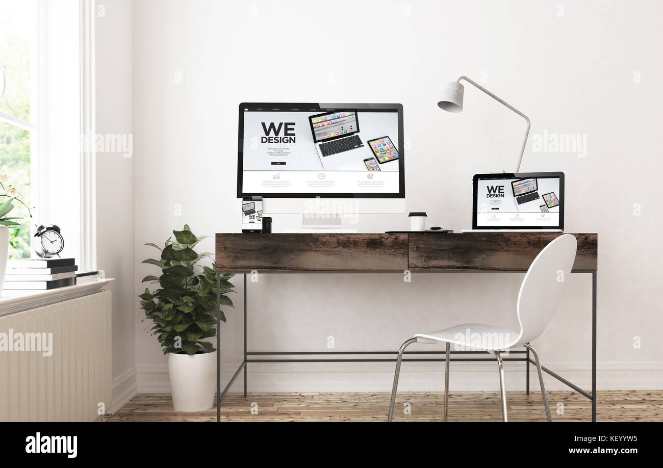 home office devices 3d rendering website we design Stock Photo - Alamy