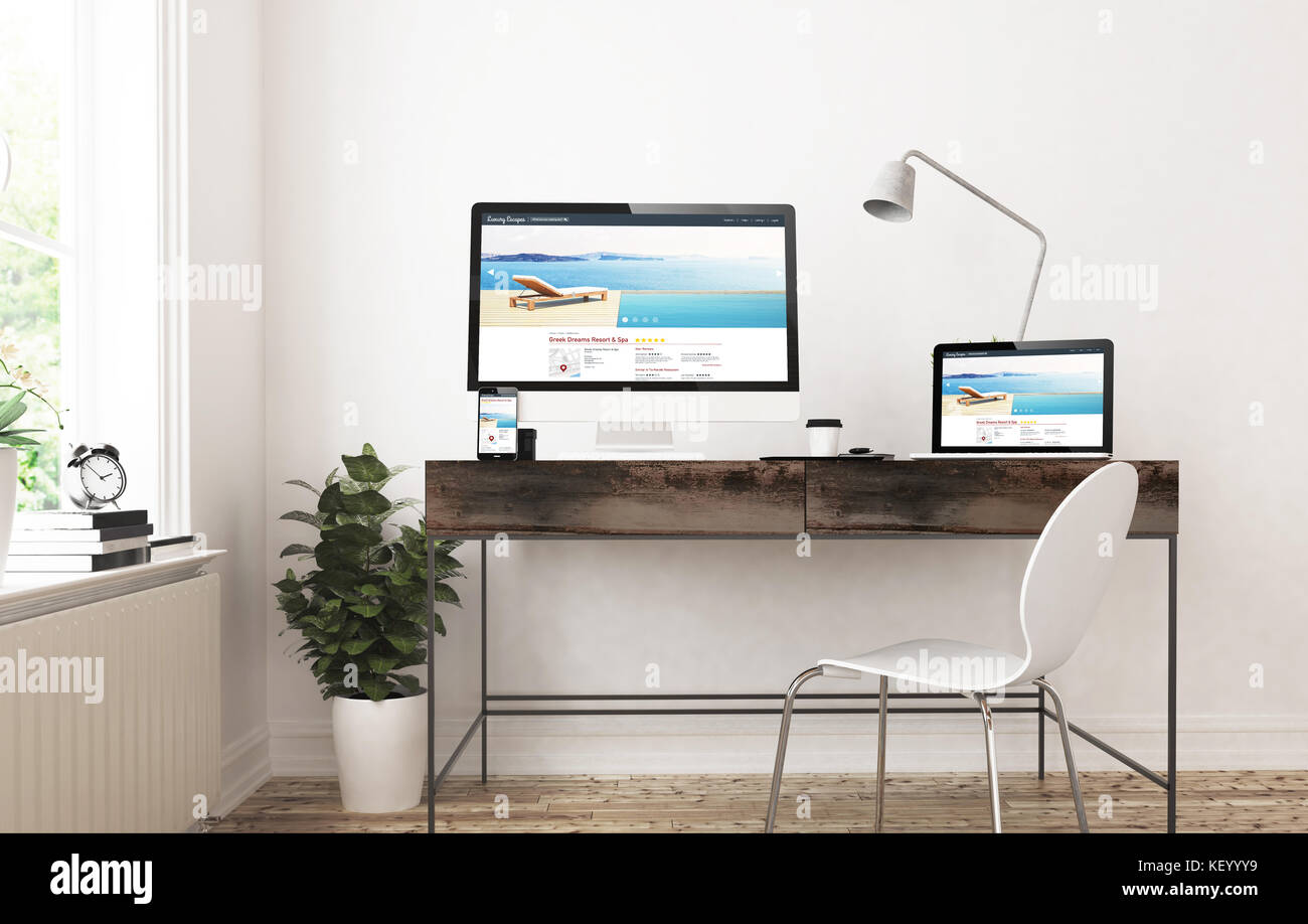 home office devices 3d rendering luxury resort responsive design Stock ...