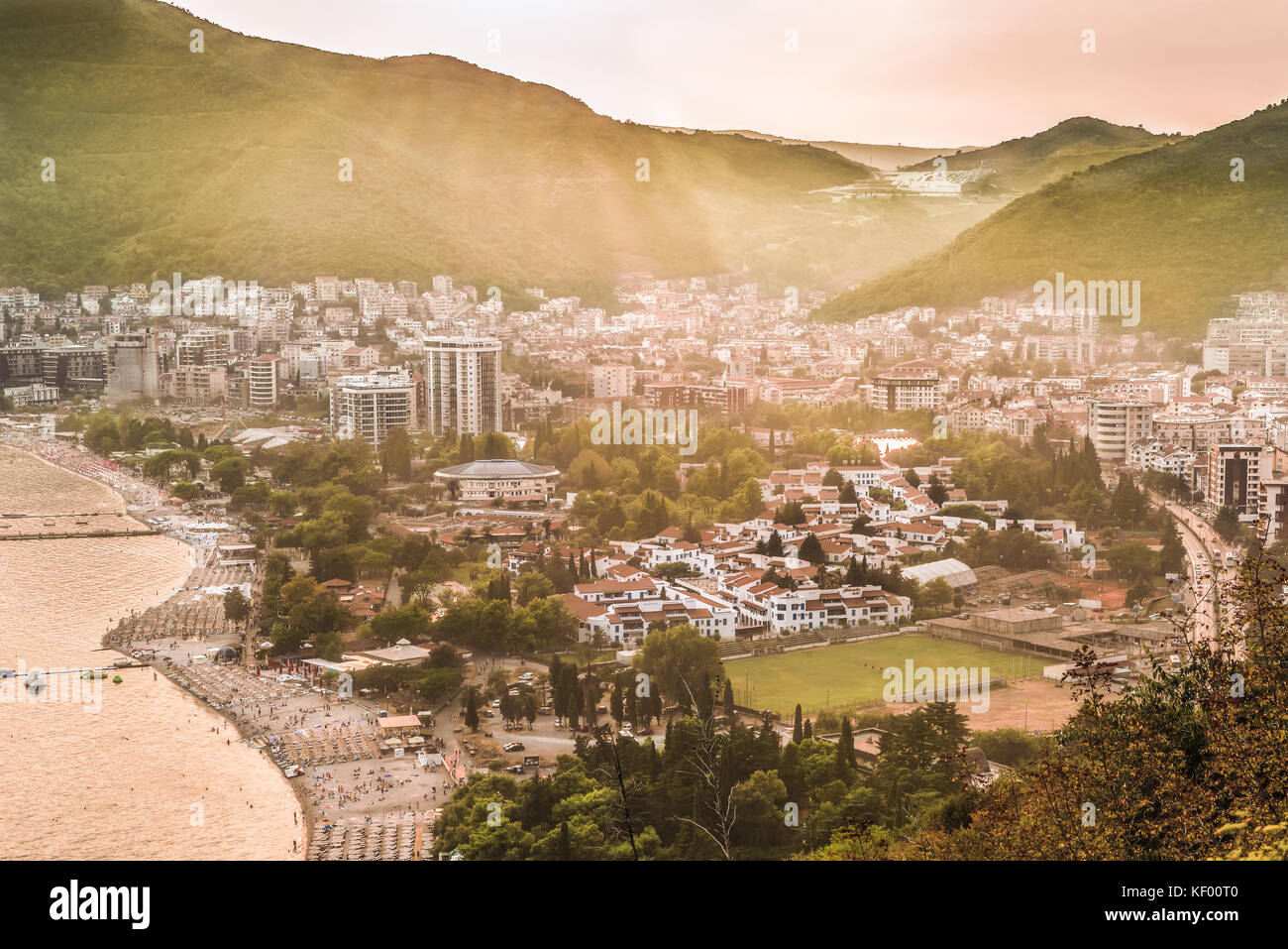 View to the bay, the old town, beaches and hotels on the Budva Riviera ...