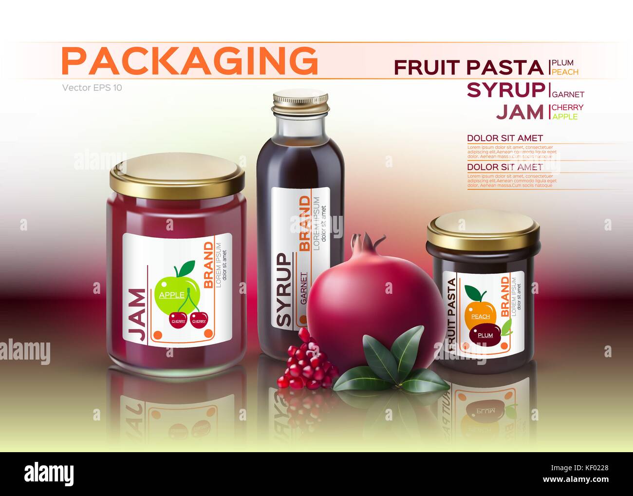 Fruit pasta, jam and syrup bottles mock up. Vector realistic products ...