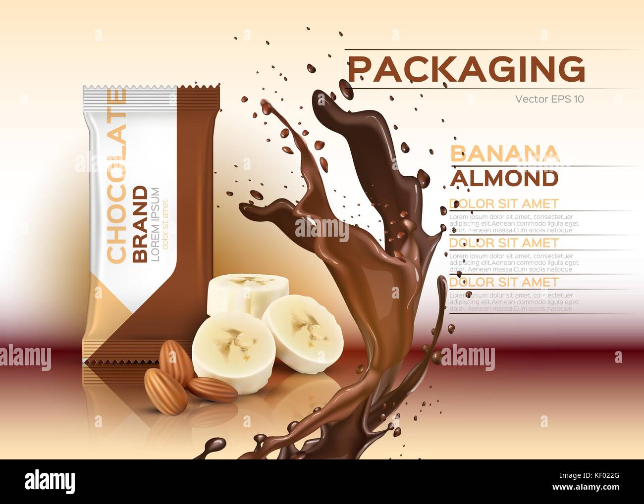 Chocolate with banana and almonds Vector realistic mock up. 3d ...