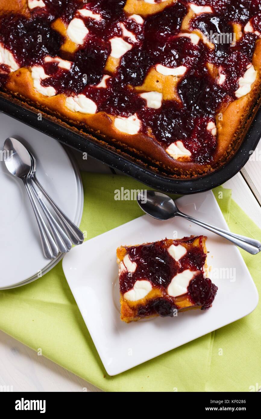 Top down view on homemade cake with cottage cheese and fruit jam Stock ...