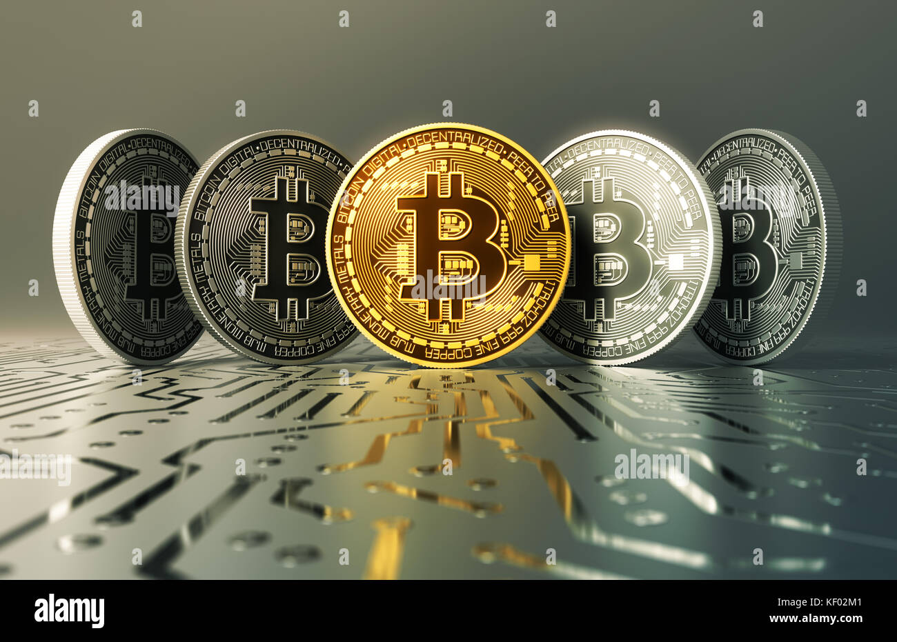 Gold And Silver Virtual Coins Bitcoins On Printed Circuit Board Stock ...