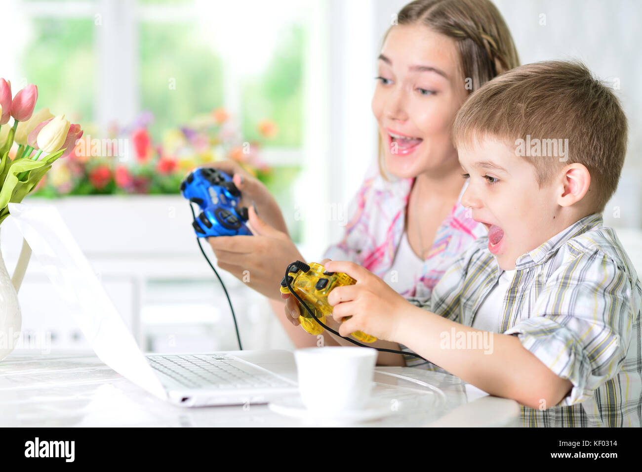 Brother and sister playing computer game Stock Photo - Alamy