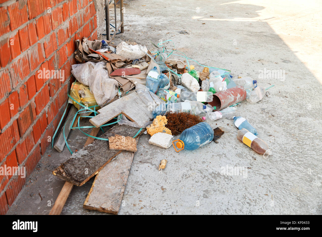 Construction waste on the roof of the house under construction ...