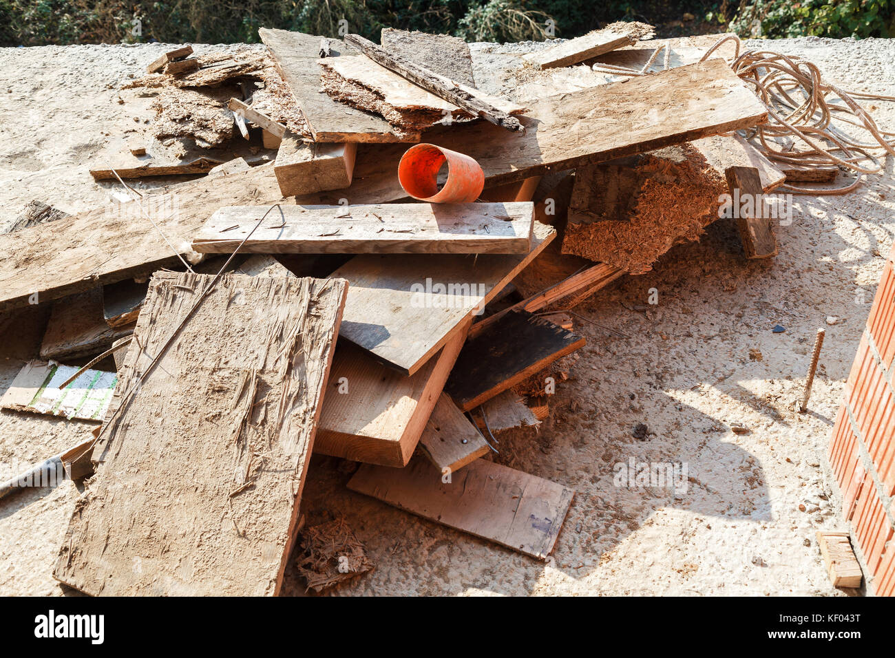 Construction waste on the roof of the house under construction ...