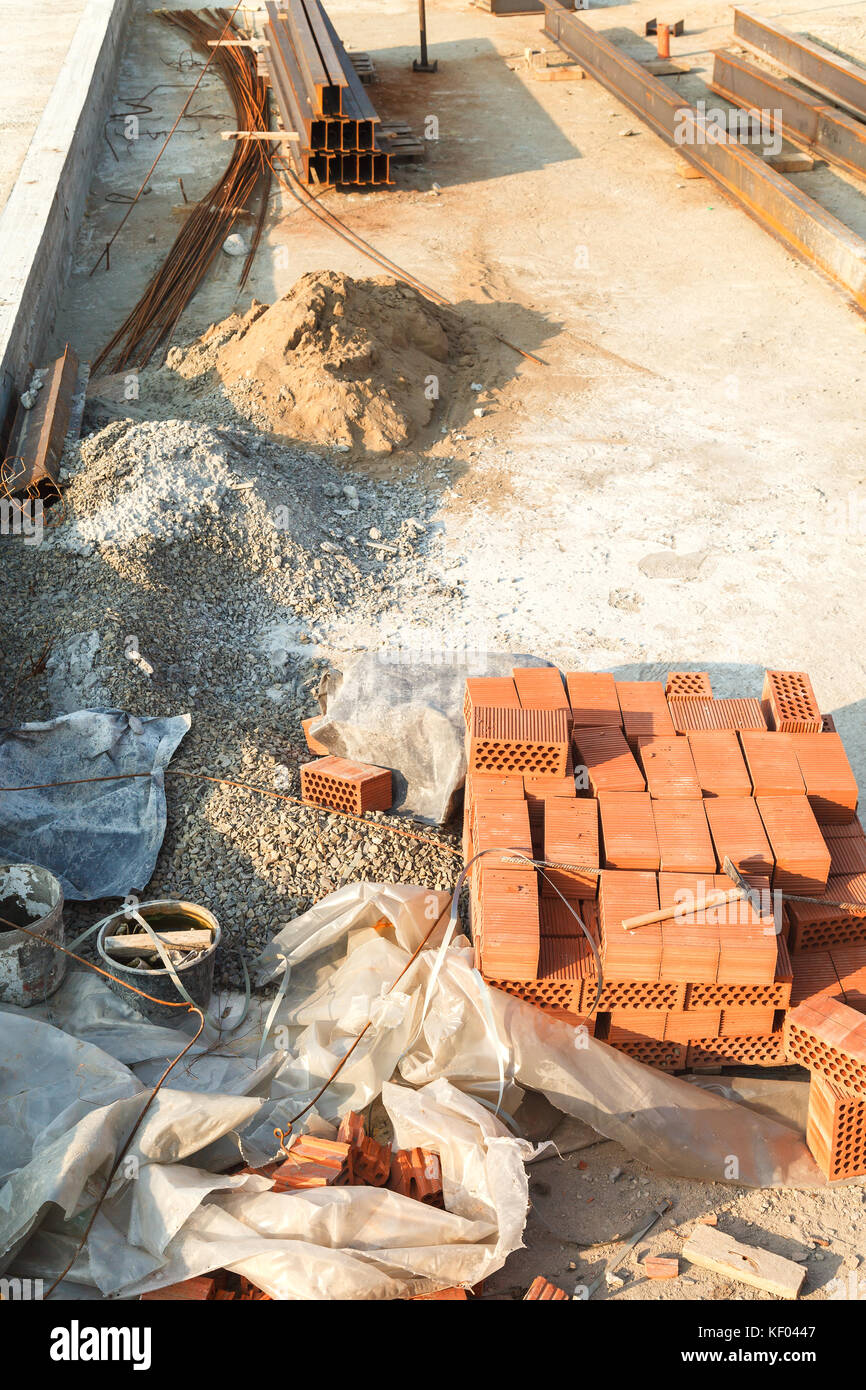 Construction waste on the roof of the house under construction ...