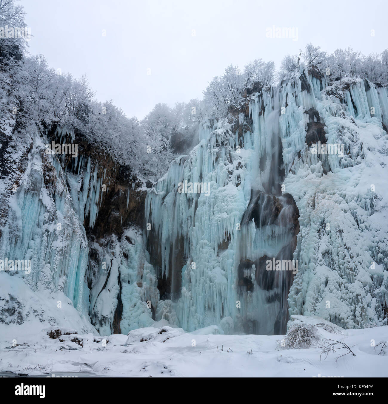 Veliki Slap, meaning Big Waterfall, covered in snow and ice, Plitvice ...