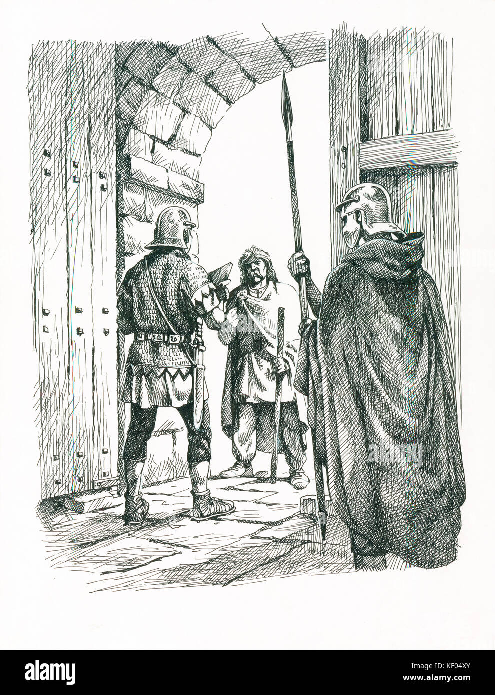 Hadrian's Wall. Reconstruction line drawing of soldiers at a gateway ...